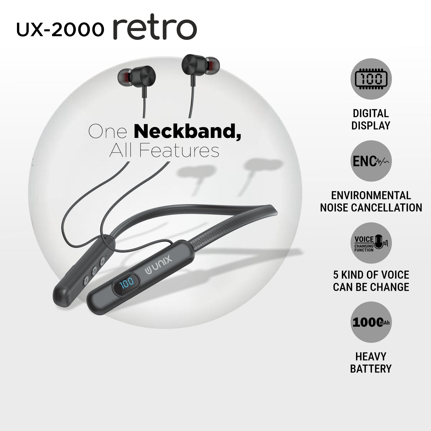 Unix UX-2000 Retro Best Wireless Neckband - Voice Changing with ENC